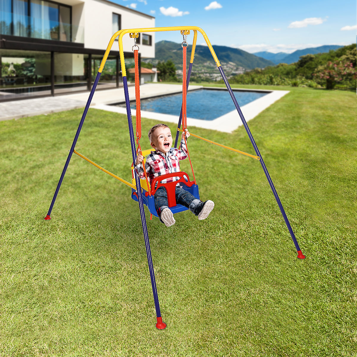 Kid Toddler Swing Seat with Stand Folding Frame 3-in-1 Kid Swing Set w ...
